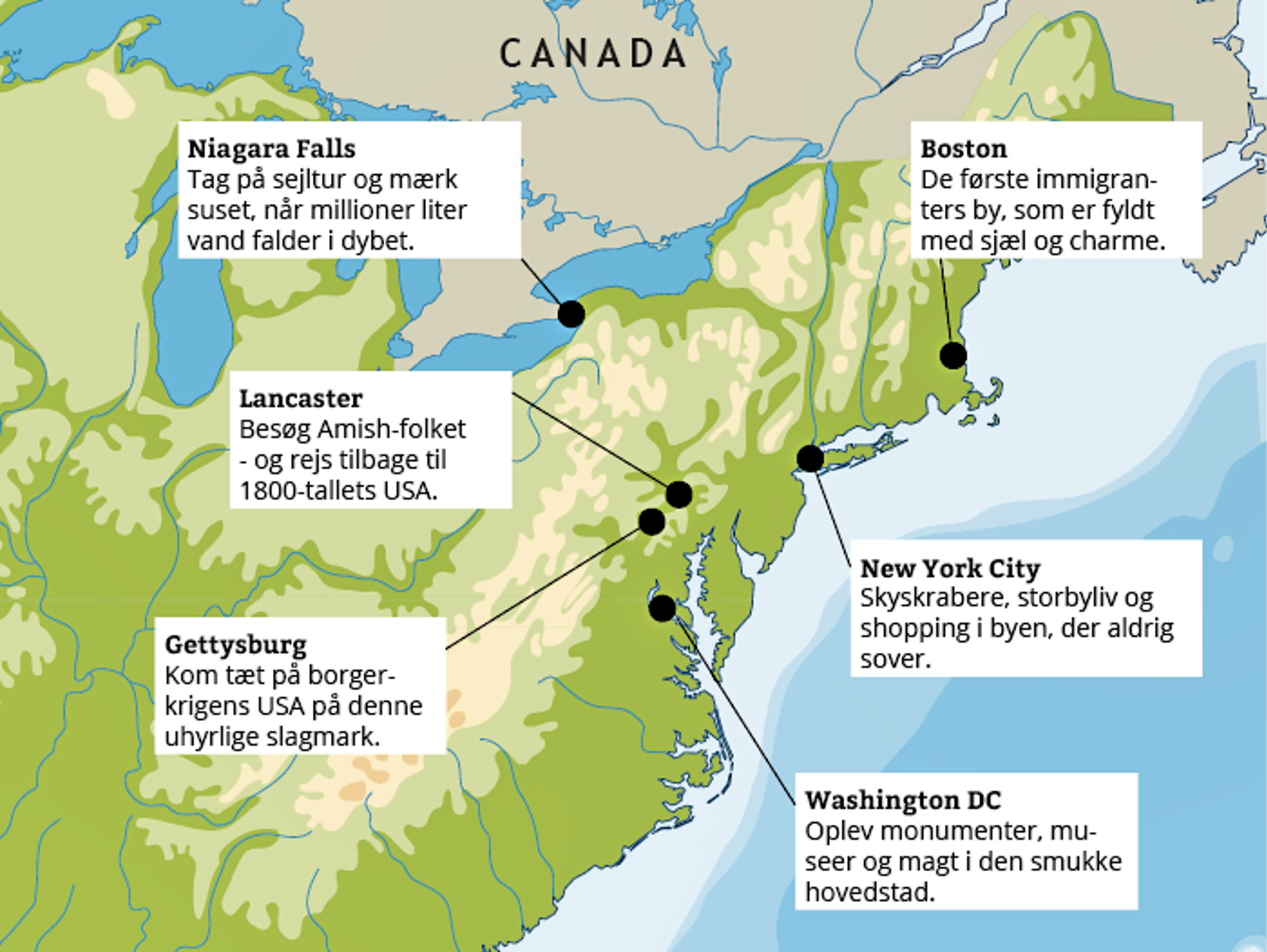 USA kort med stater og seværdigheder - Check Point Travel
